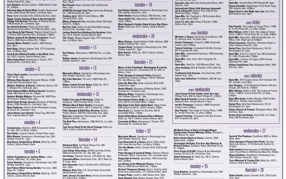 February 2019 Calendar | San Diego Troubadour